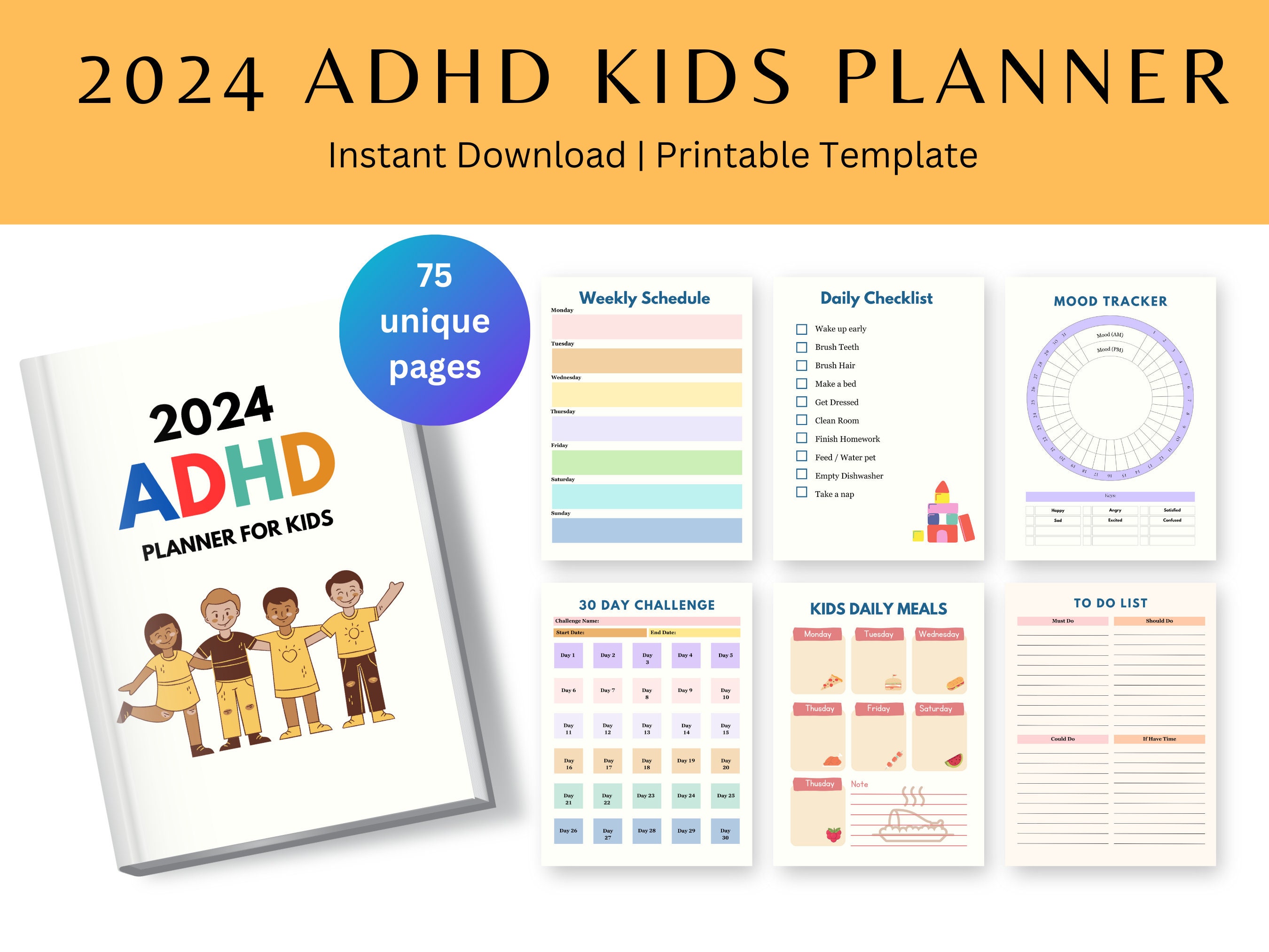 ADHD Planner for Kids I ADHD Features for Kids 2024 Planner Editable ...