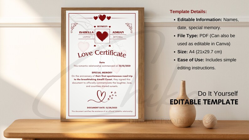 Editable Love Certificate PDF Personalized Romantic Memento ...