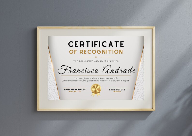 Editable Certificate Template - Elegant Gold Recognition Award ...