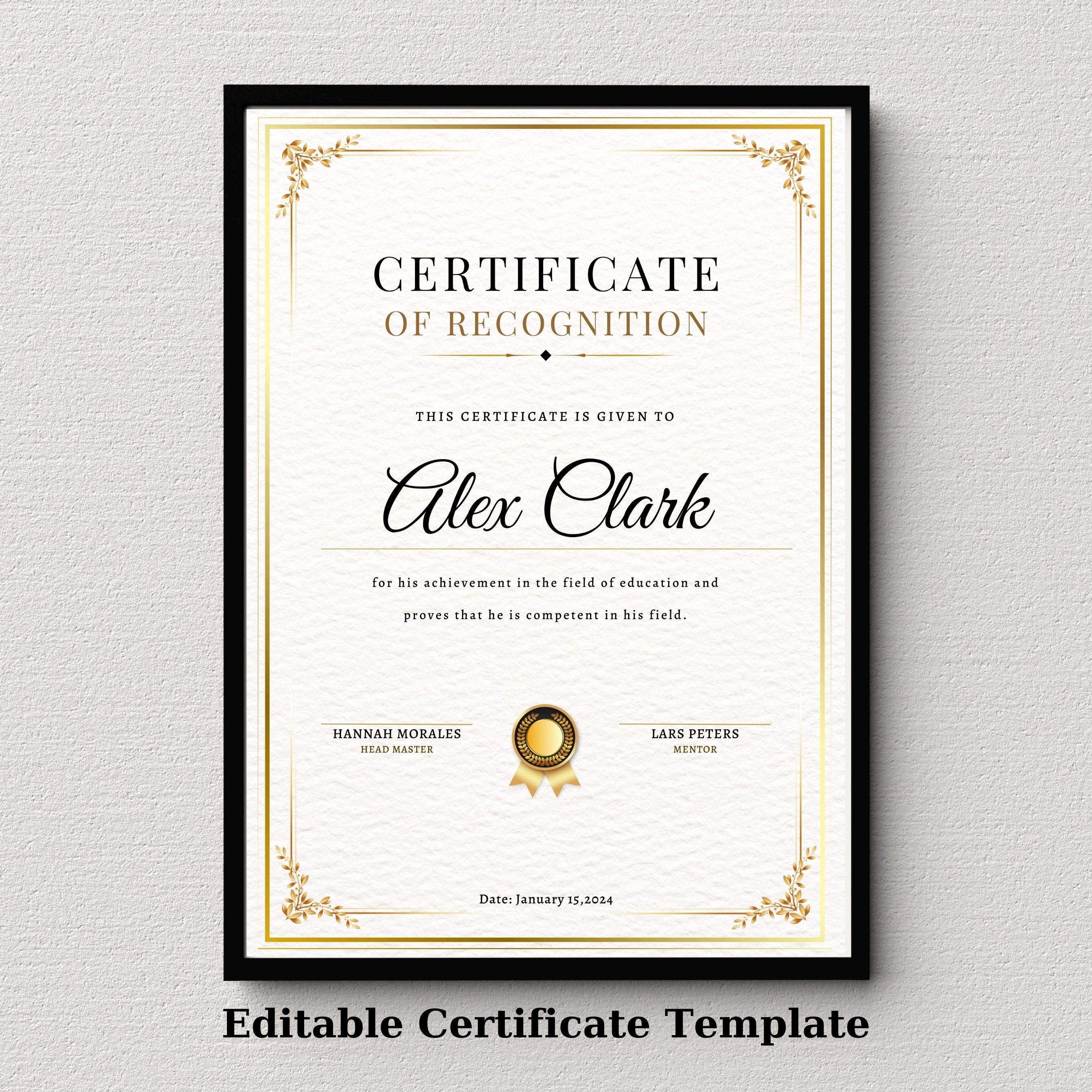 Editable Certificate of Recognition Template Personalized & Printable ...