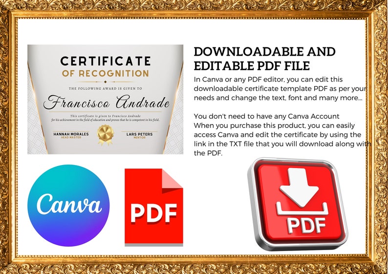 Editable Certificate Template Elegant Gold Recognition Award Instant ...