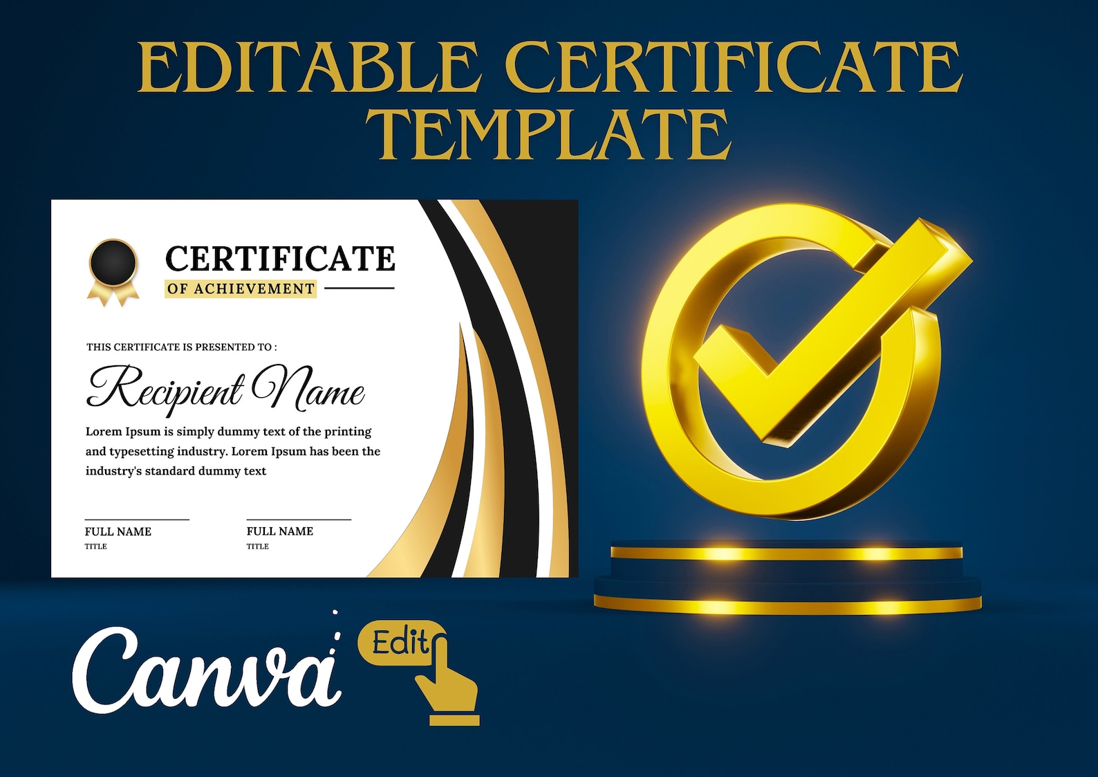 Editable Canva Certificate Template - Gold Black Instant Download Certificate Template PDF ...
