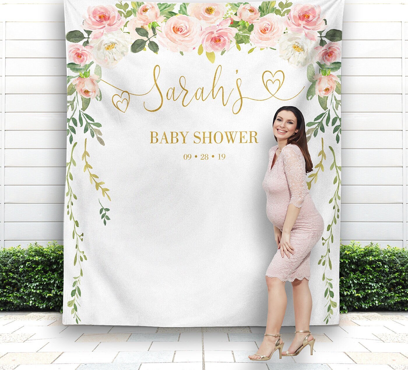 Pink Flowers Baby Shower Backdrop, Floral Greenery Photo Back Drop ...