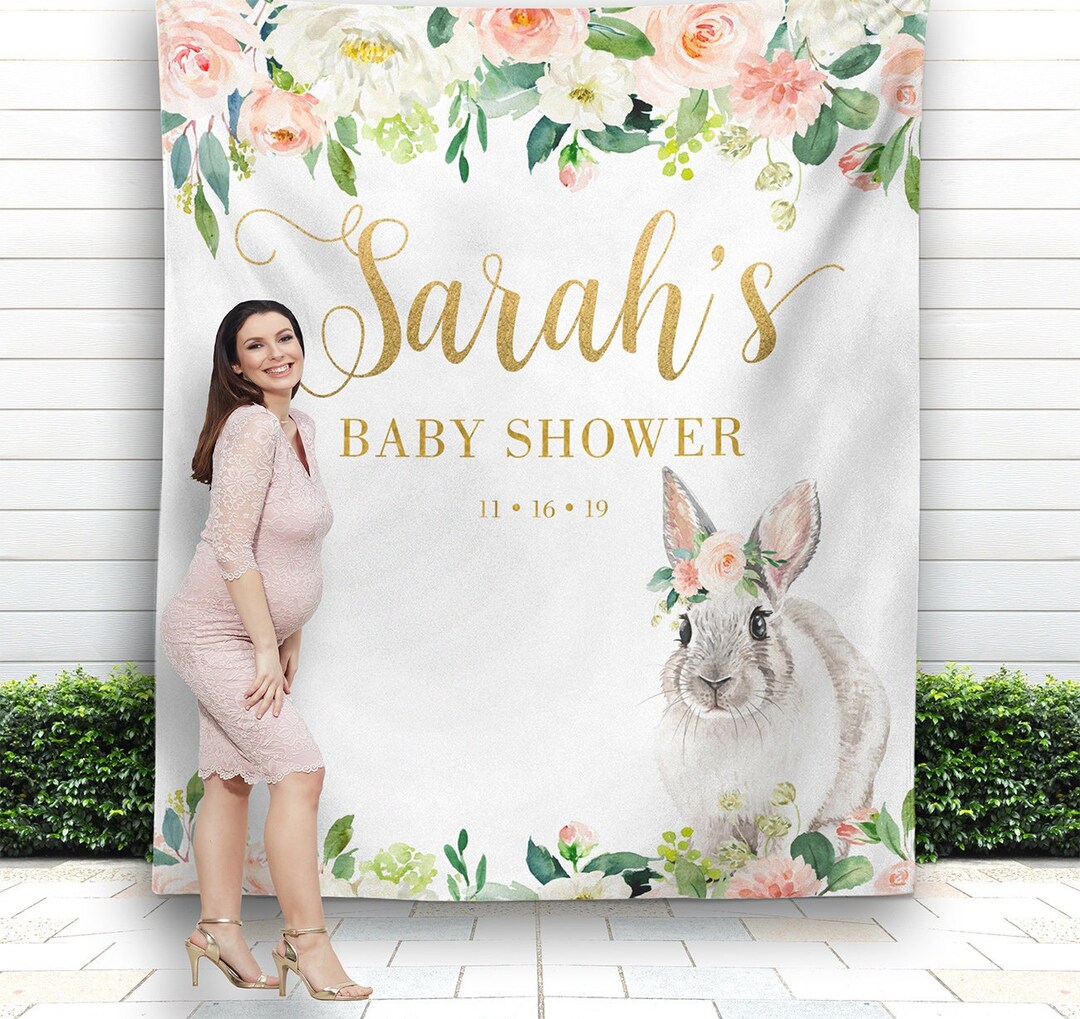 Bunny Personalized Baby Shower Backdrop Floral Blush, Rabbit Birthday ...
