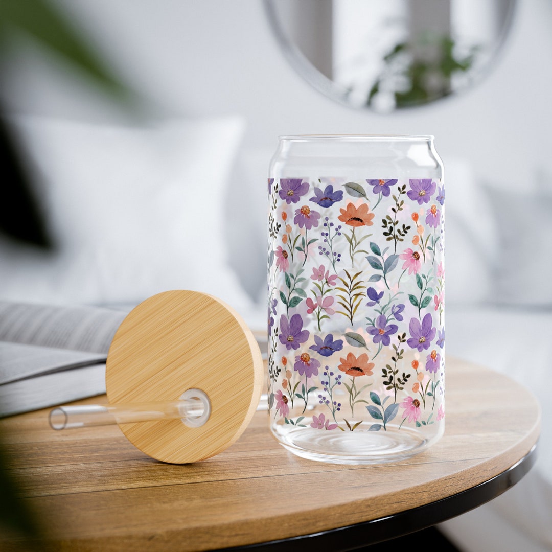 Floral Glass Cup With Lid, Toile Flower Pattern Sipper Glass, 16oz ...