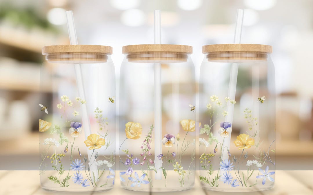 Wildflower Bee Sipper Glass 16oz, Floral Iced Coffee Cup, Libbey Glass ...