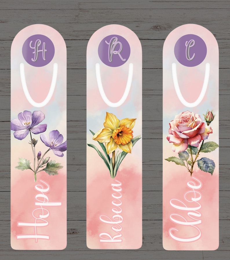 Custom Birth Flower With Name and Initial Bookmark, Aluminum Bookmark ...