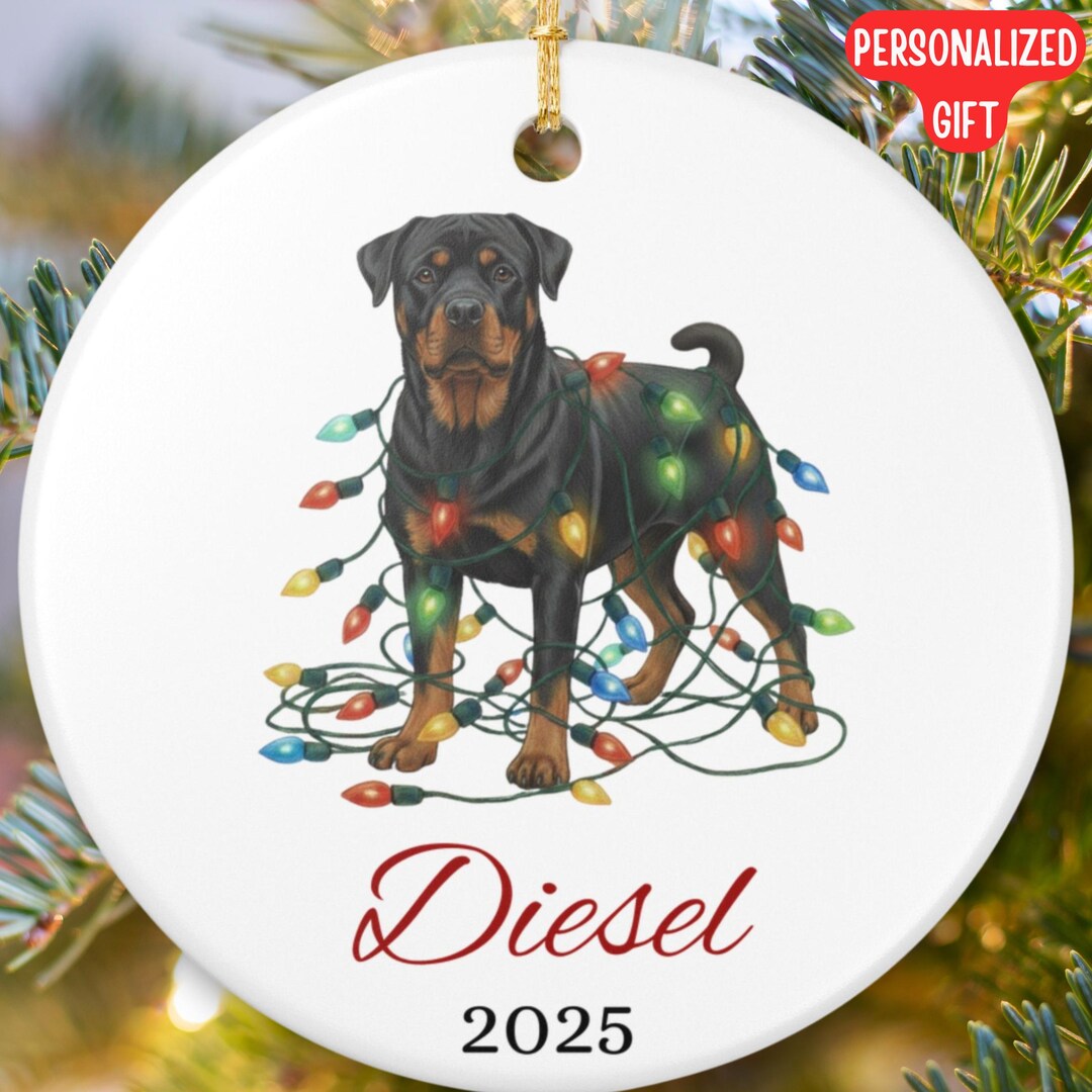 Rottweiler Ornament With Christmas Lights, Personalized Dog Name ...