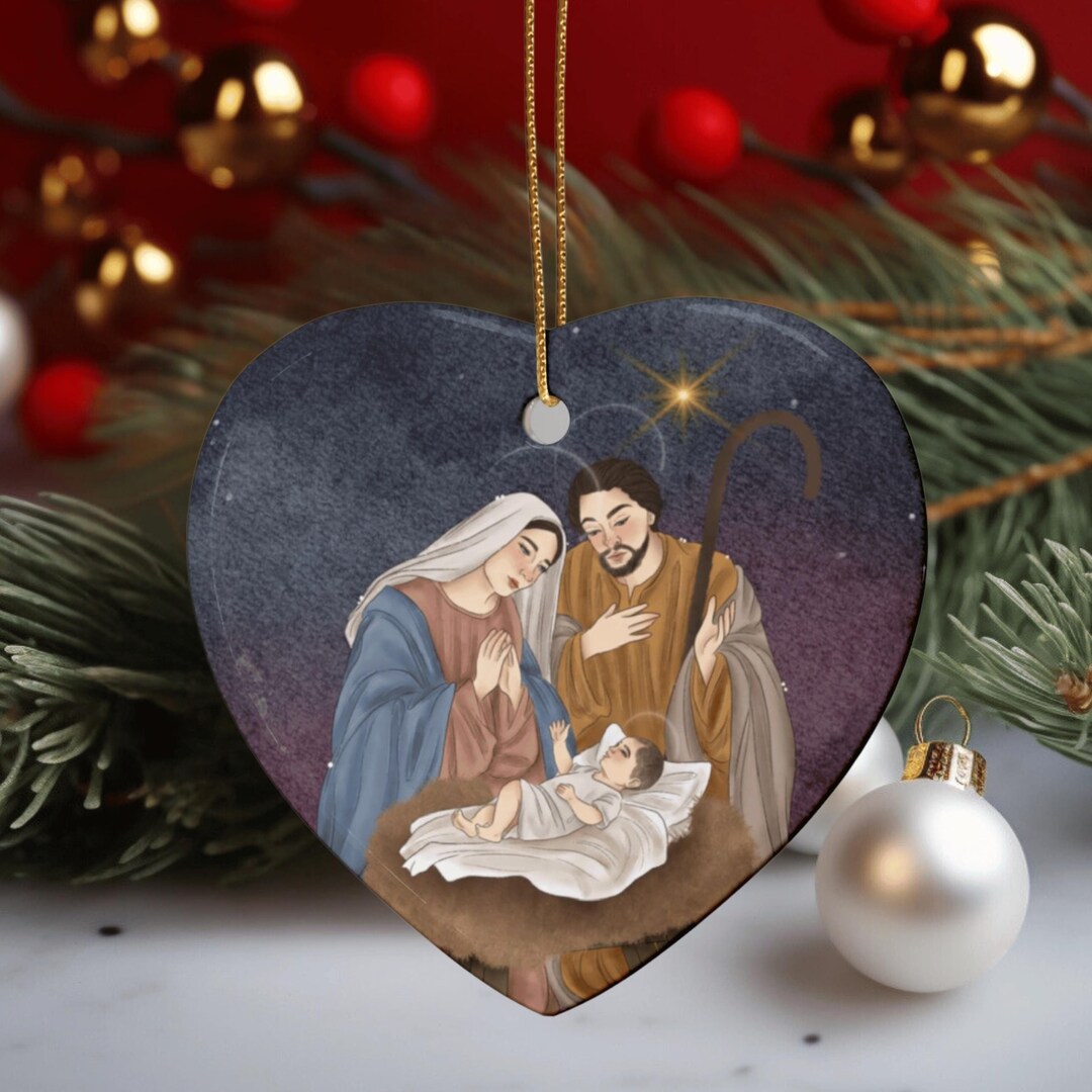 Nativity Scene Christmas Ornament Heart Shape Holy Family Religious ...