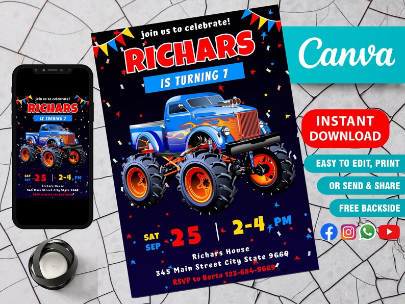 Monster Truck Invitation, Truck Rally Birthday Invitation, Monster ...