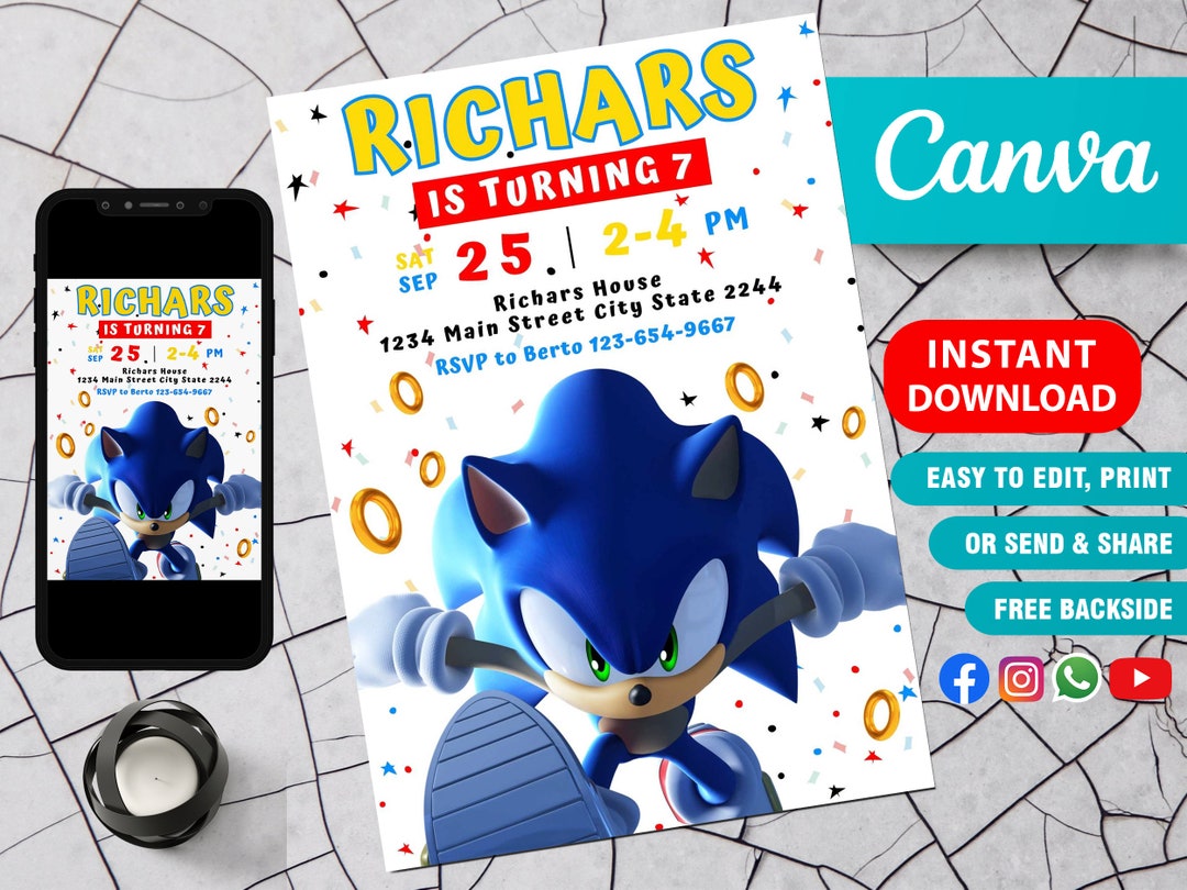 Sonic Invitation, Sonic Birthday Party Invitation, Sonic the Hedgehog ...