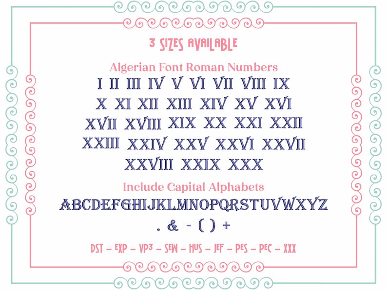 Algerian Font Roman Numbers Embroidery Design, Algerian Font Alphabets ...