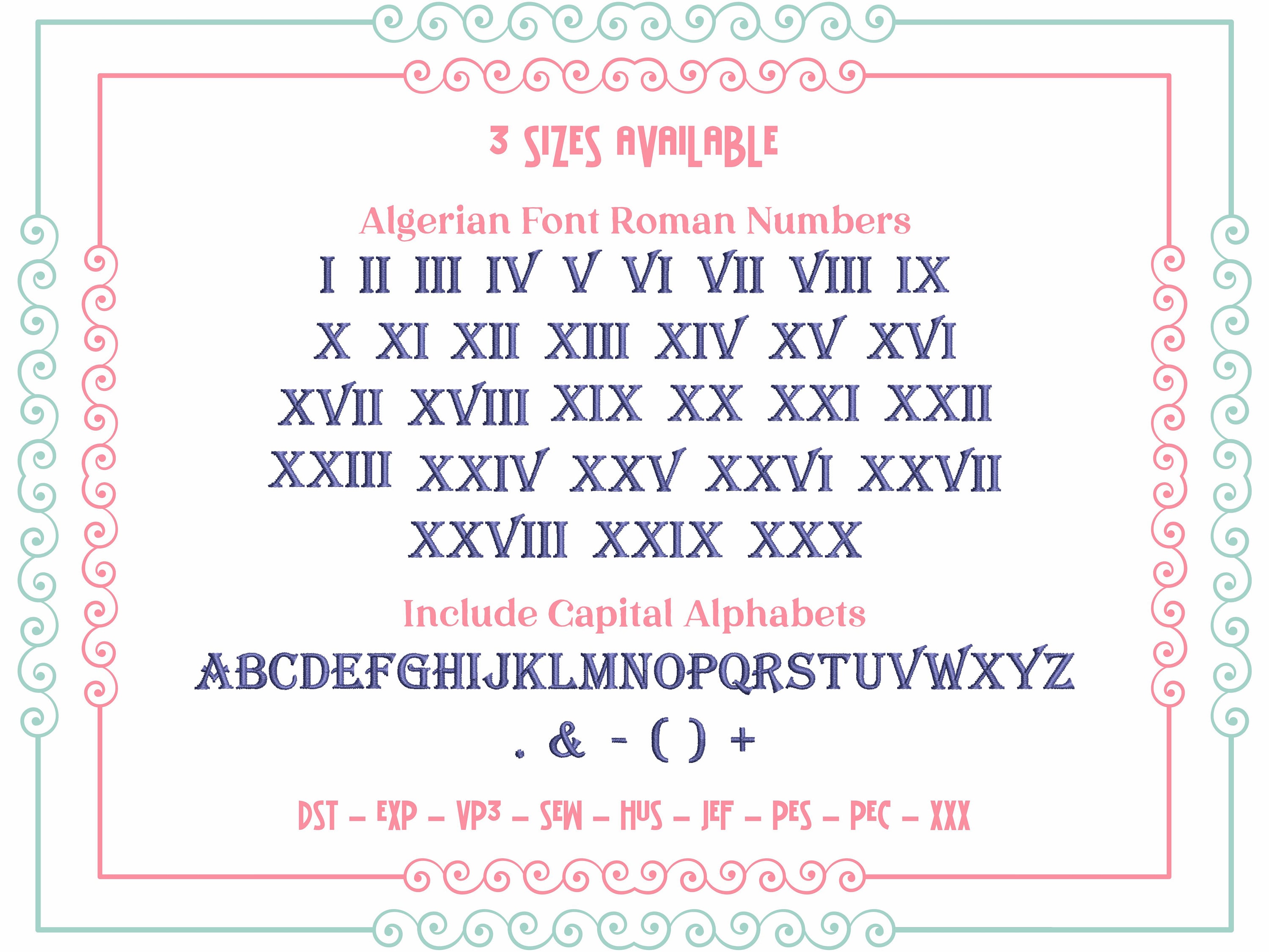 Algerian Font Roman Numbers Embroidery Design, Algerian Font Alphabets ...