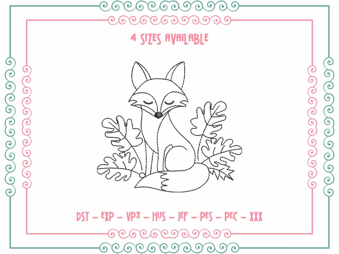 Rustic Fox Outline Machine Embroidery Design, Fall Leave Pattern ...