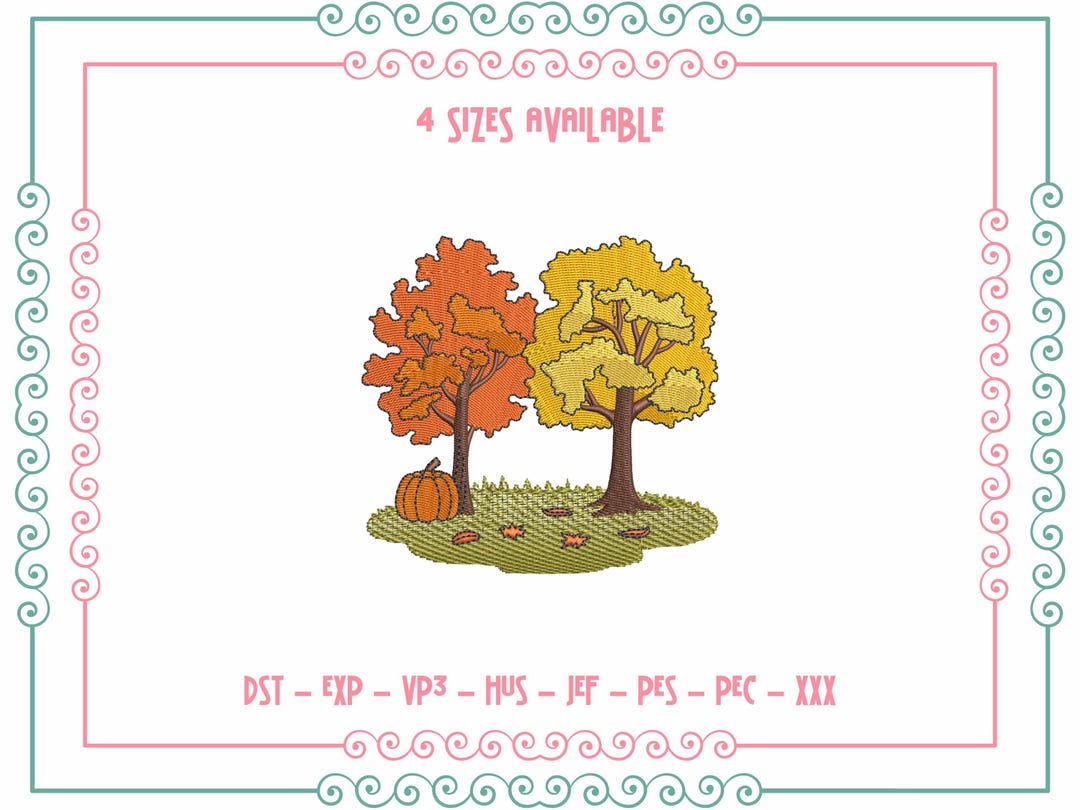 Autumn Trees Embroidery Design, Autumn, Fall Pumpkin and Leaves, Nature ...