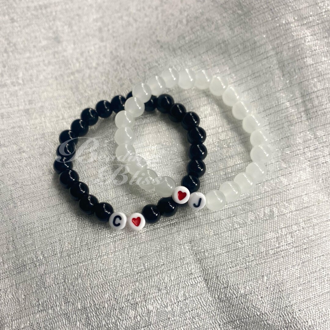 Personalized Matching Custom Letter Couples Bracelets, Black and White ...