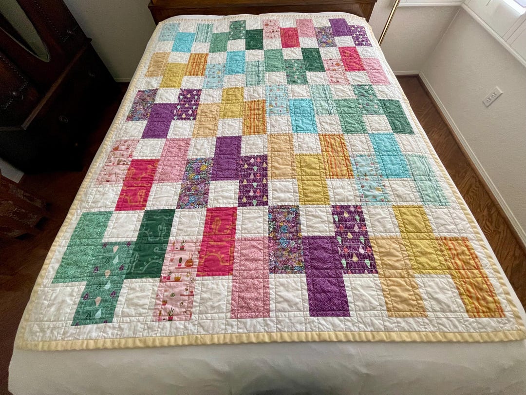 New Handmade Patchwork Quilt, Twin Bed / Large Throw With Muslin ...