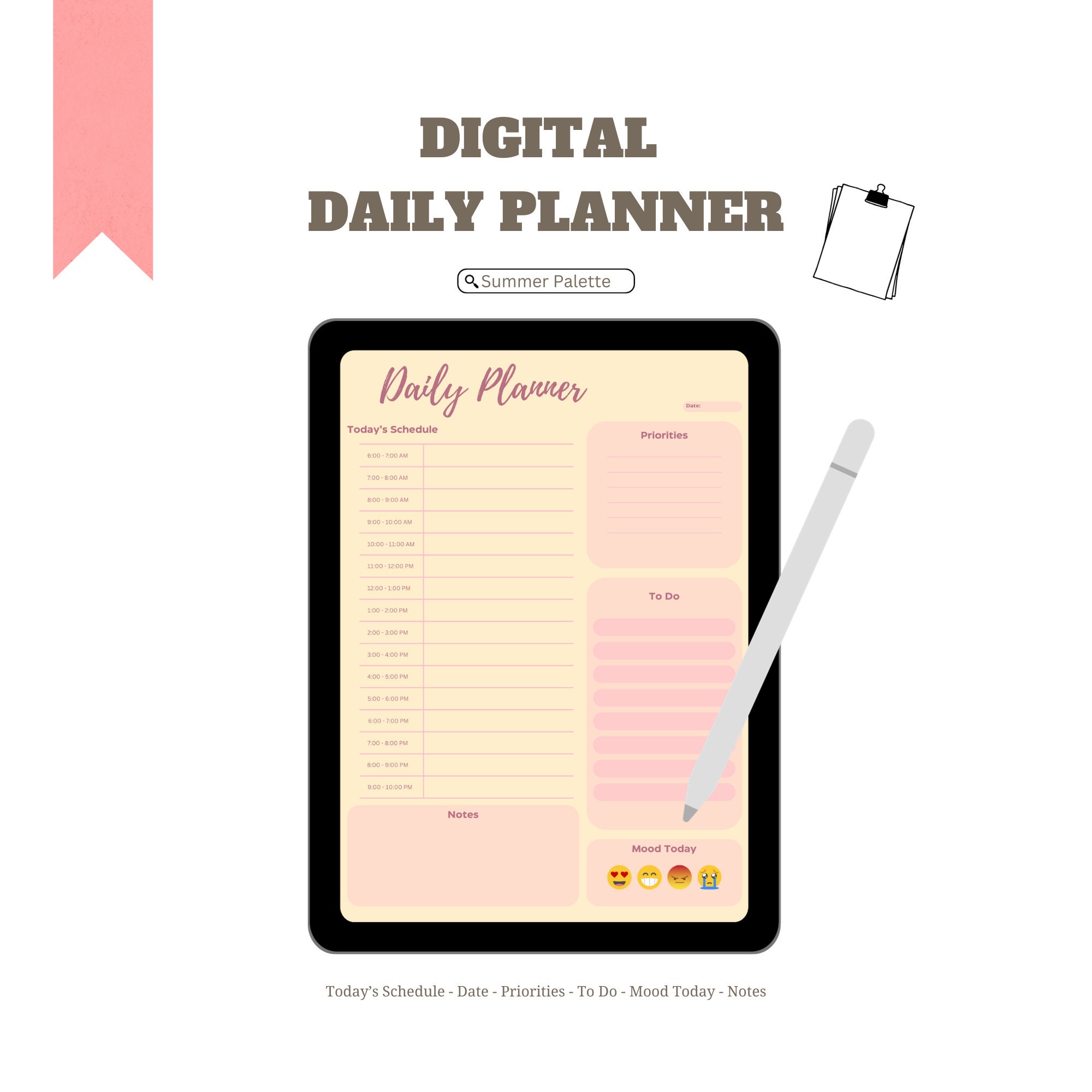 Summer Palette Daily Planner Hourly Daily Planner One Page Digital Plan ...
