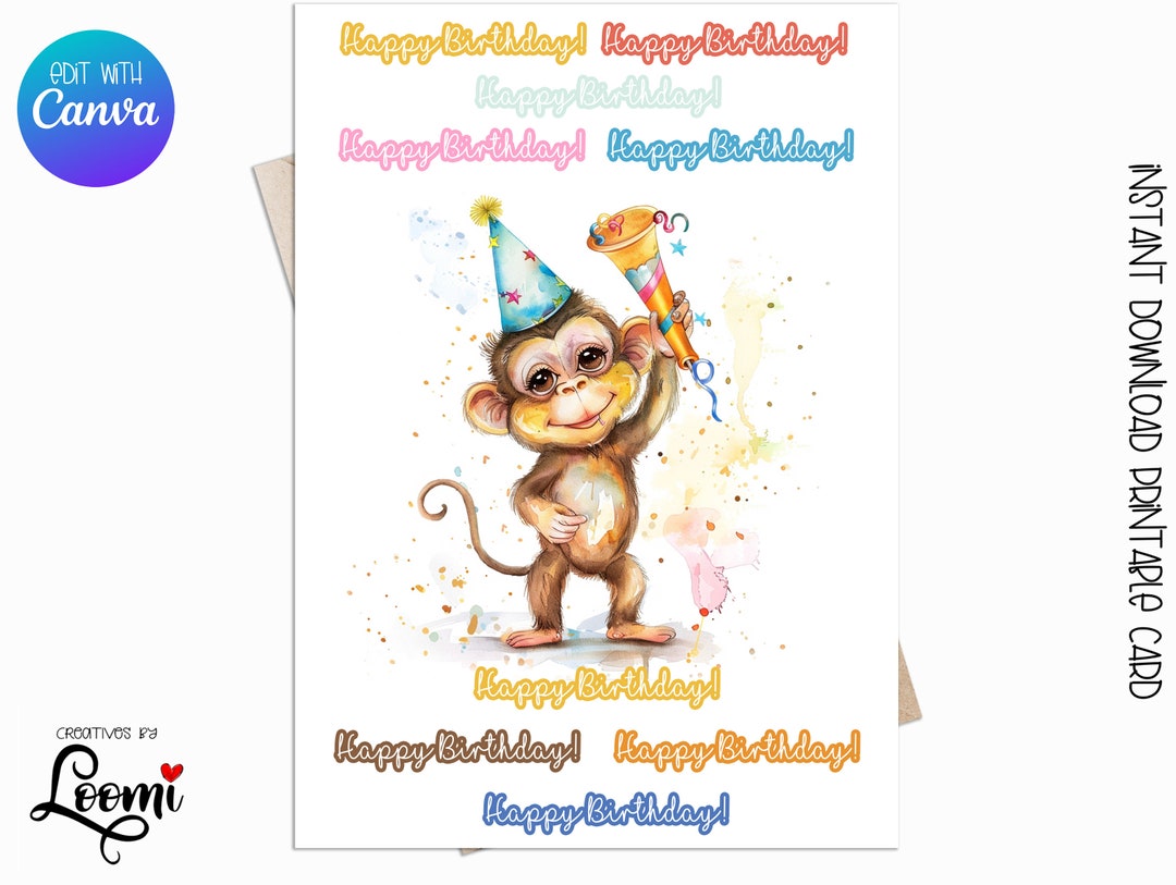 Cute Monkey Birthday Editable, Happy Birthday Card, Printable Birthday ...