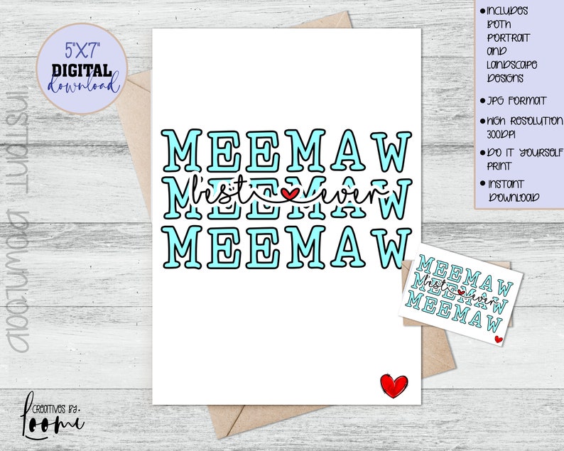 Best Meemaw Ever Printable Card, Instant Download, 5x7 Foldable, Bday ...