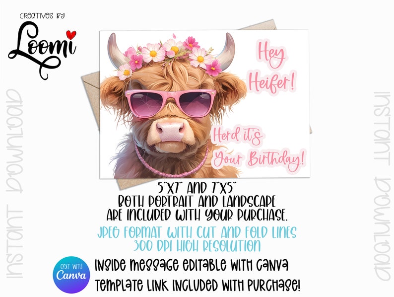Editable, Happy Birthday Heifer Highland Cow, Birthday Card, Printable ...