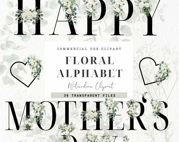 Floral Alphabet Clipart, Monogram Letters With Watercolor Flowers A-Z ...