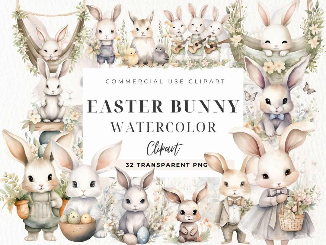 Watercolor Easter Bunny Clipart, Spring Clip Art, Holiday Cards, Easter ...