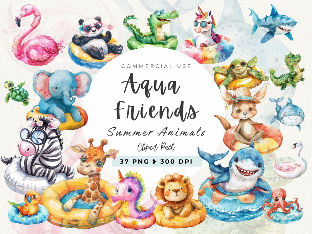Animals in a Pool Party Clipart, Beach, Summer Elephant, Summer Safari ...