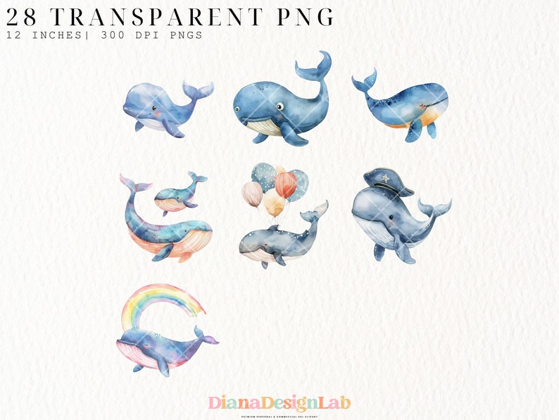 Watercolor Clipart Whale, Baby Wall Art, Instant Download, Commercial ...