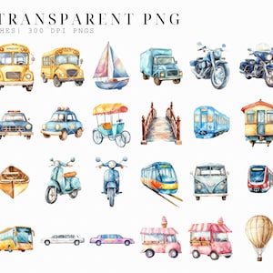 Watercolor Transportation Clipart, Cute Kids Vehicles PNG Bundle, Cars ...