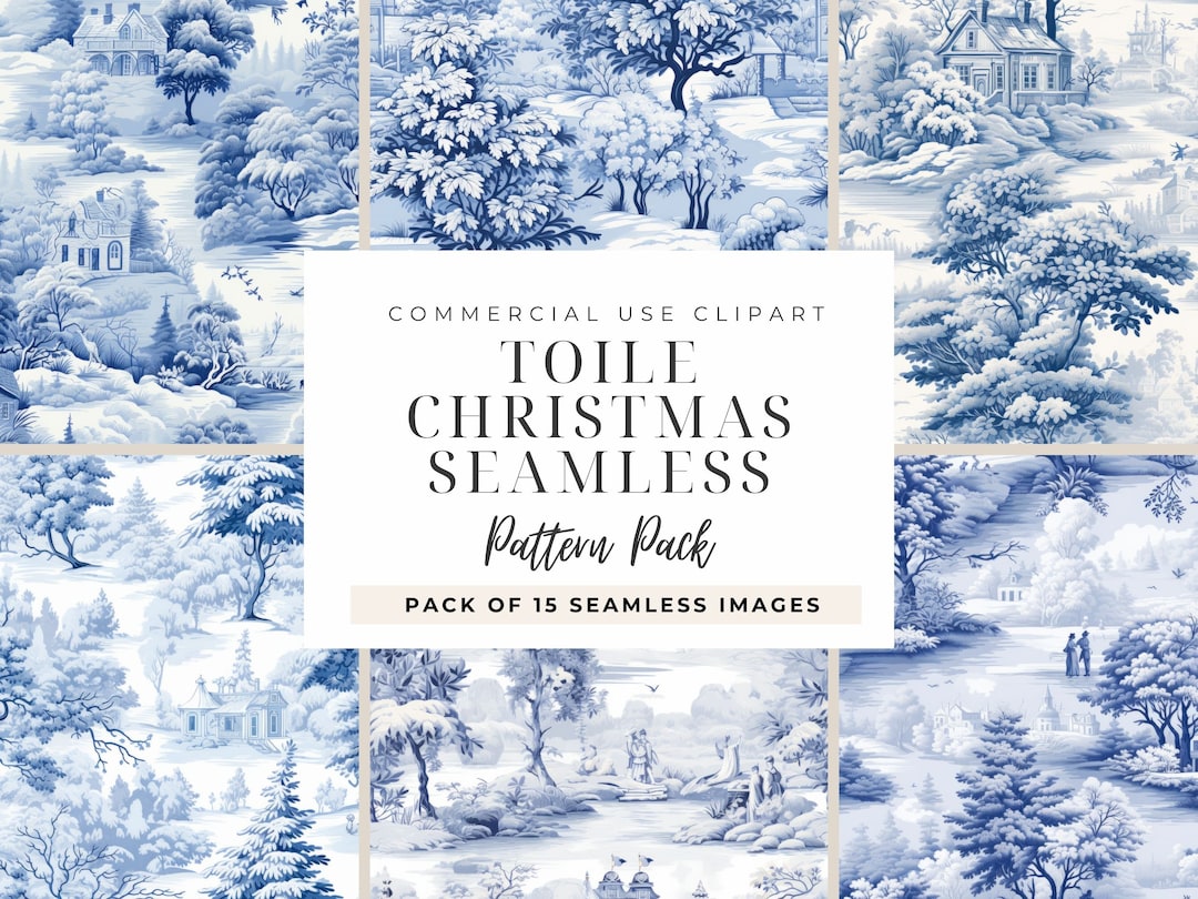 Christmas Toile Digital Paper, Blue and White Toile Seamless Digital ...