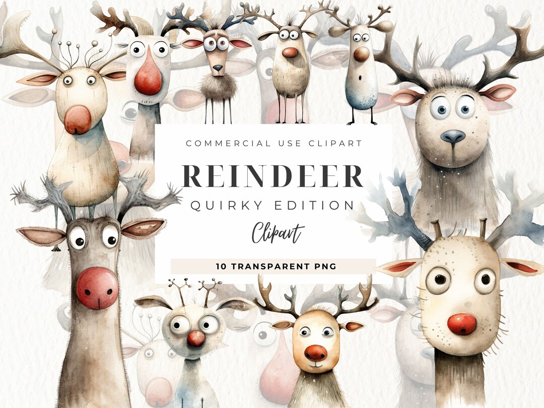 Reindeer Clipart Watercolor, Quirky Whimsical Deer, Quirky Christmas ...