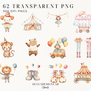Circus Watercolor Clipart, Colorfull Nursery Decor, Baby Shower, Cute ...