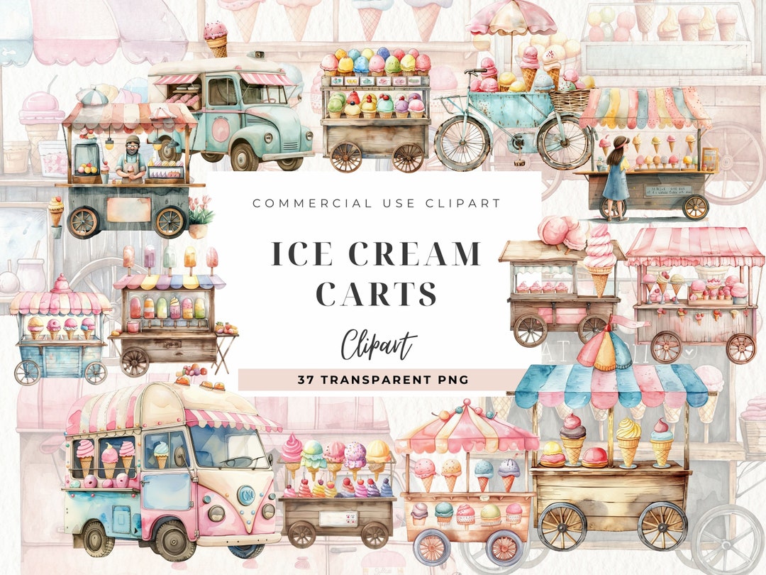 Ice Cream Cart Clipart, Instant Download, Watercolor Summer PNG, Ice ...