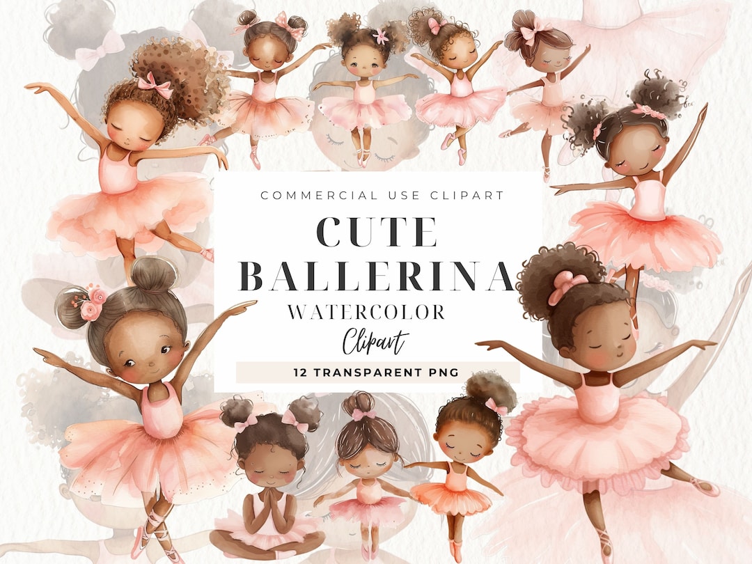 Ballet Watercolor Clipart, Dark Skin Ballet Dancers, Pink Ballerina ...