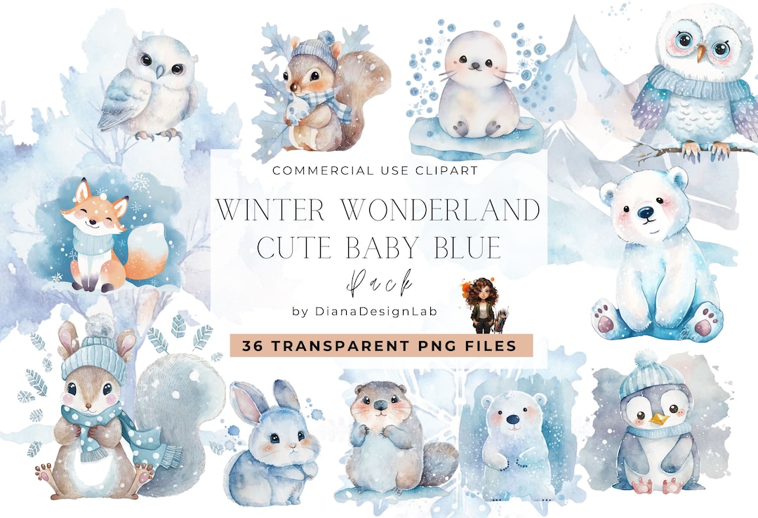 Cute Winter Wonderland Clipart Bundle, Baby Blue, Watercolor Winter ...