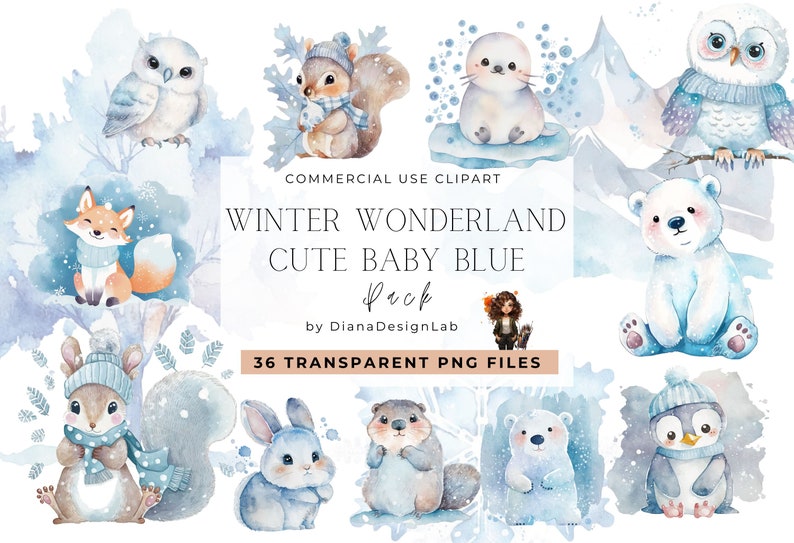 Cute Winter Wonderland Clipart Bundle, Baby Blue, Watercolor Winter ...