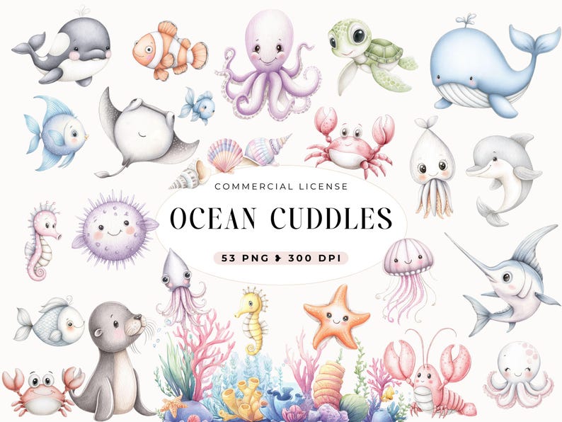 Watercolor Sea Animals Clipart, Cute Under the Sea, Nursery and Baby ...