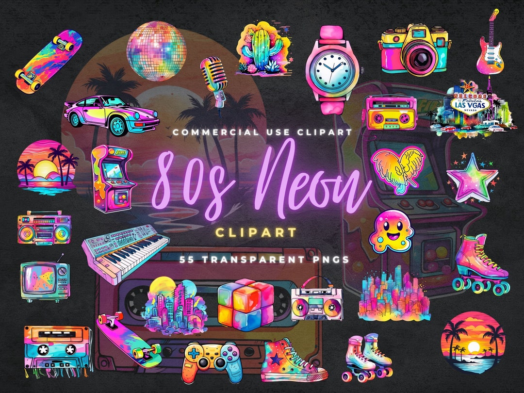 Neon 80S Clipart, Instant Download, 80S Clipart, Arcade, Cassette ...