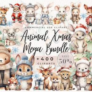 Cute Christmas Animal Mega Clipart Bundle, Christmas Gift Clipart, Baby ...