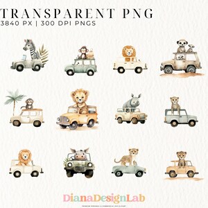 Safari Animals in a Jeep Clipart, Watercolor Baby Animals, Digital ...