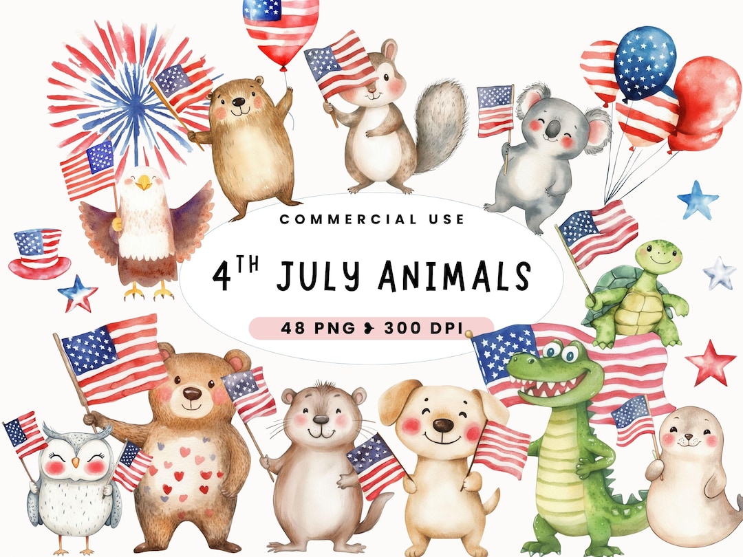 4th July Cute Animals Clipart, Watercolor Independence Day Art, Digital ...