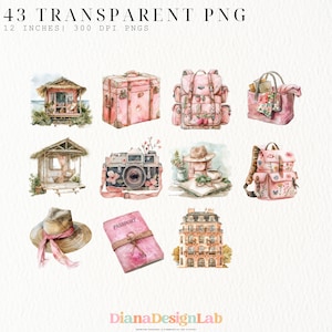 Travel Watercolor Clipart Pink Girly, Summer Clip Art, Junk Journal ...