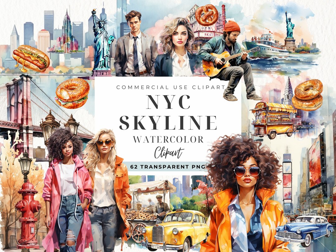 New York Skyline Watercolor Clipart, United States NYC Tourism ...