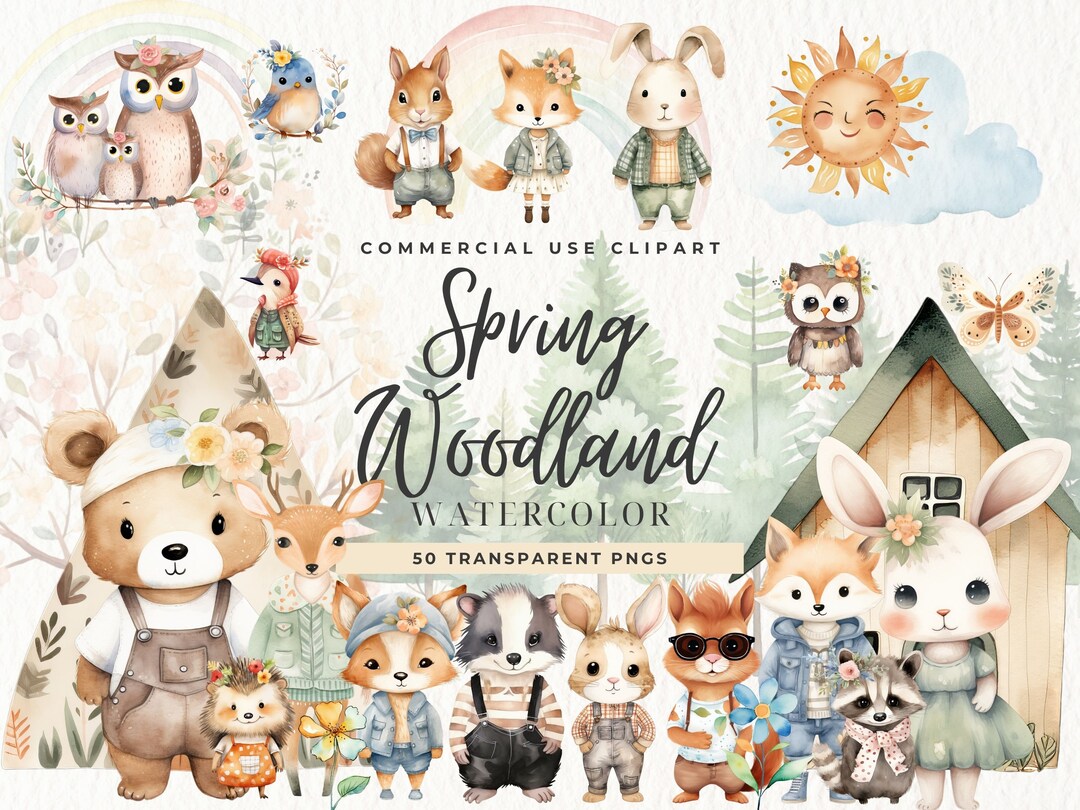 Spring Wonderland Clipart Bundle, Watercolor Floral Woodland Baby ...