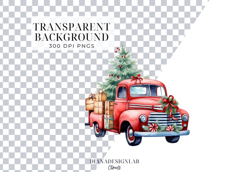 Watercolor Christmas Truck Clipart, Vintage Truck, New Year Decoration ...