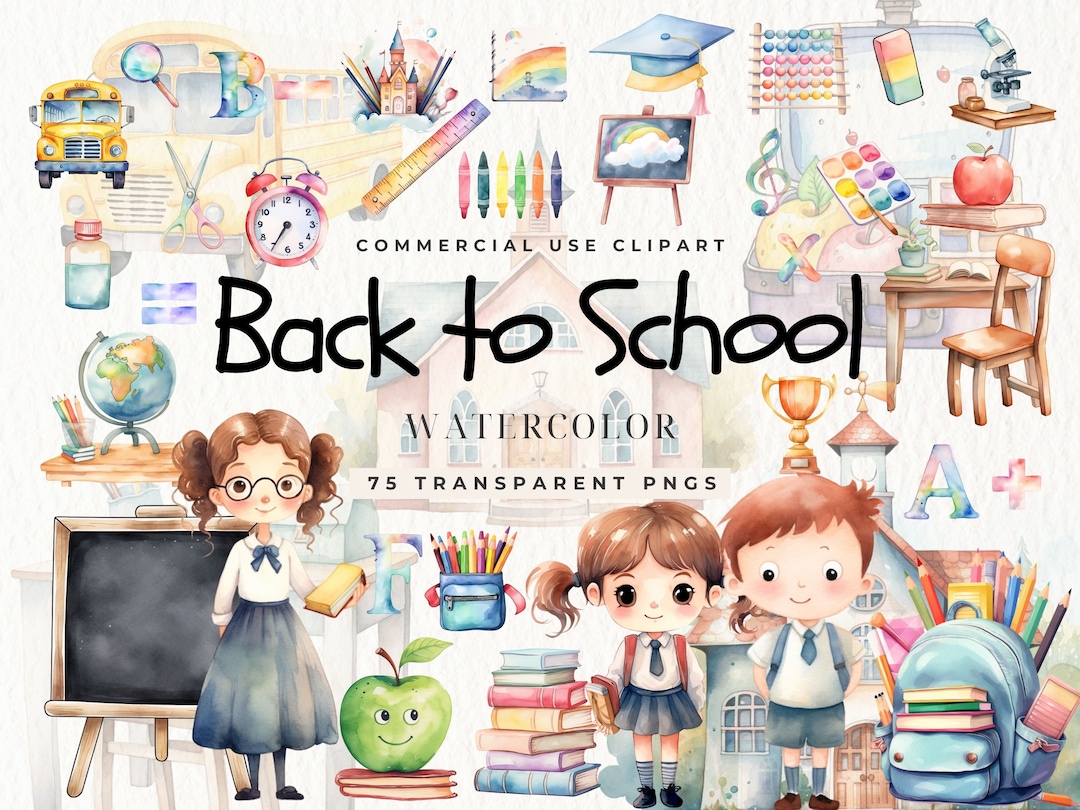 School Supply Clipart Watercolor, Teacher School, Classroom, Study Clip ...