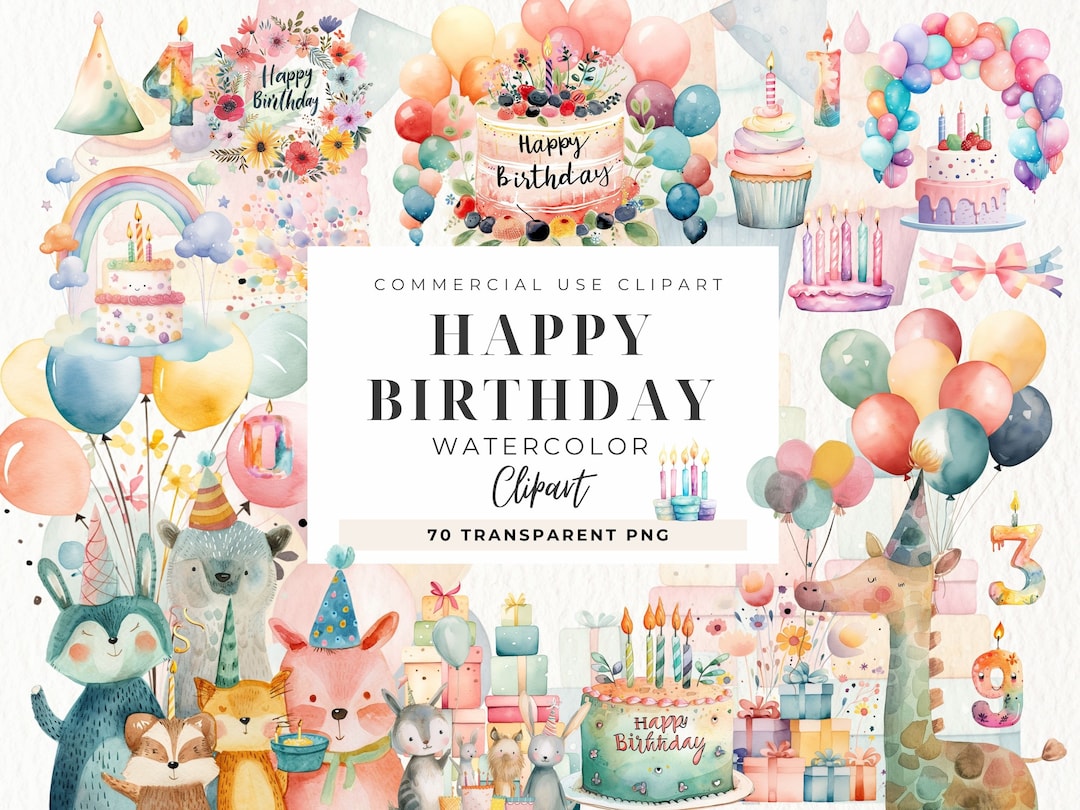 Watercolor Birthday Party Cake Present Balloons Clipart Bundle, Happy ...