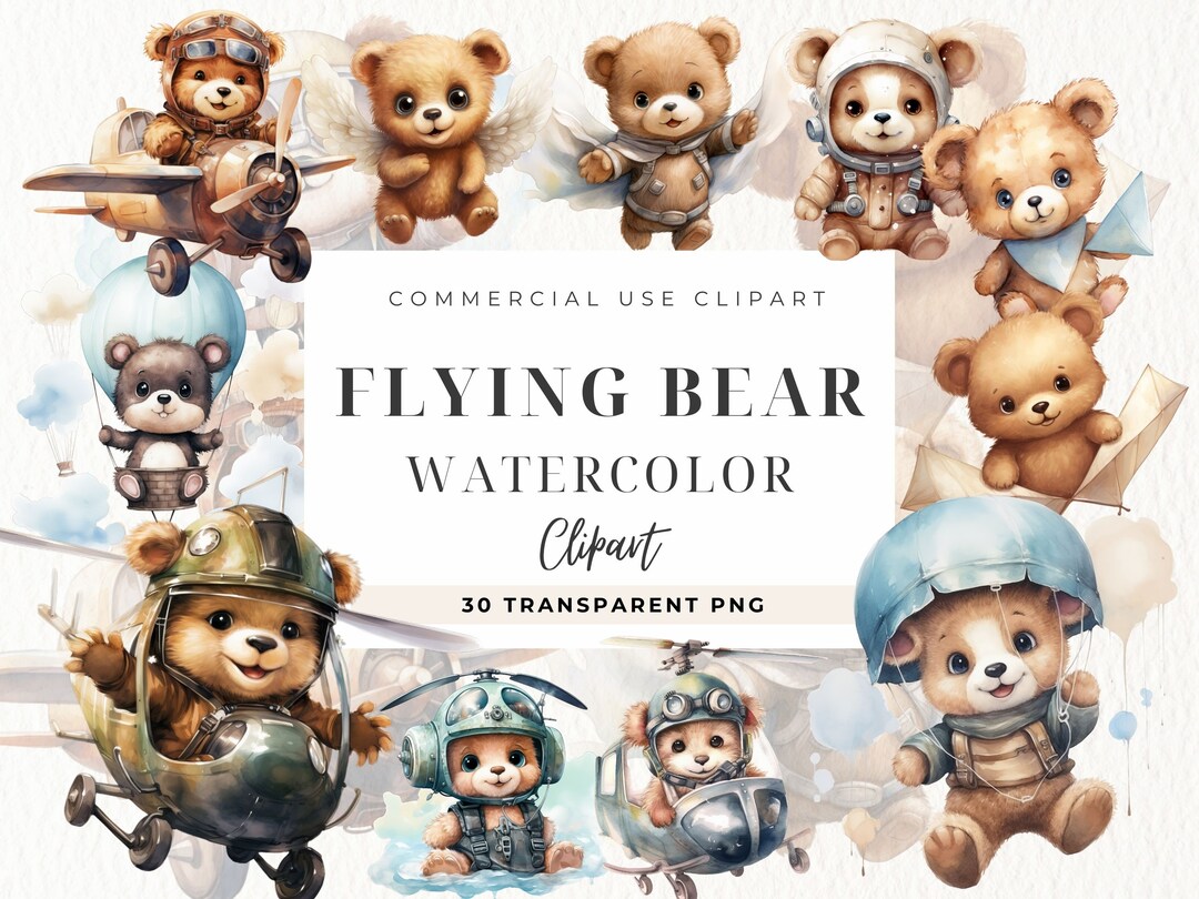 Flying Bear Clipart, Vintage Teddy Bear, Baby Shower Clipart, Cute ...