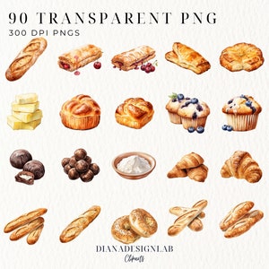 Watercolor Bakery Shop Clipart, Bread Baguettes French Croissants ...